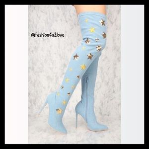 weeboo | Shoes | Sexy Blue Star Embroider Thigh High Boots | Poshmark